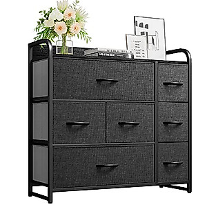 YITAHOME Fabric Dresser with 7 Drawers - Storage Tower with Large Capacity, Organizer Unit for Bedroom, Living Room & Closets - Sturdy Steel Frame, Easy Pull Fabric Bins & Wooden Top (Black/Grey)