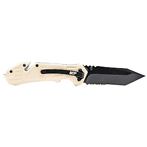 Smith & Wesson M&P FDE 8.2in High Carbon S.S. Spring Assisted Folding Knife with 8in Serrated Tanto Blade and Rubberized Handle for Outdoor Survival and EDC, One Size