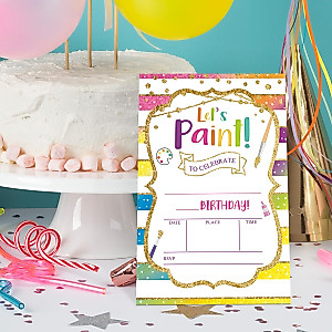 UDNADKEX Art Birthday Invitations Girl with Envelopes, Invites for Girls Birthday Party Art Painting, Paint Birthday Party Invitations Cards, 4"x6" Set of 20, Let's Paint