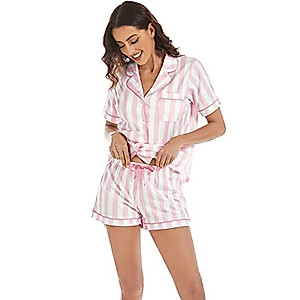LUBOT 100% Cotton Women's Pajamas Set Short Sleeve Button-Down Shirt PJ Two-piece Set Printed Patterned Summer Night Suit Sleepwear Loungewear (Stripe, M)