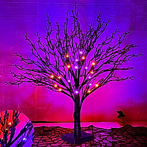 [ Timer ] 24 Inch Orange & Purple Lighted Halloween Tree with 24 LED Black Twigs Tree Lights Battery Operated Tabletop Halloween Spooky Tree Decorations for Indoor Home Party Holiday Festival Decor