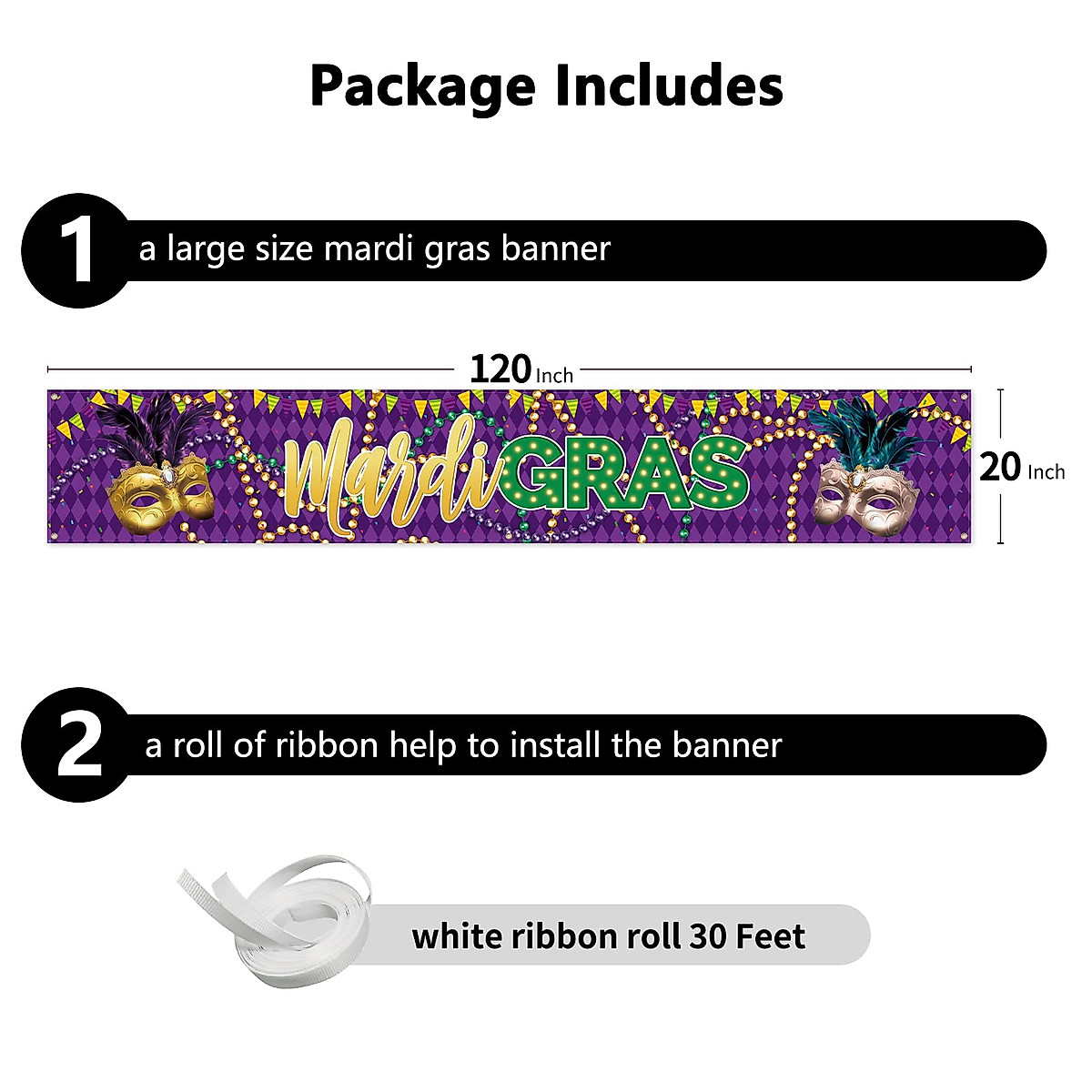 Probsin Large Mardi Gras Banner Outdoor Decorations 120" x 20" Fat Tuesday Yard Sign New Orleans Holiday Masquerade Party Supplies Carnival Backdrop for Garden House Fence Balcony Garage Gifts Lawn