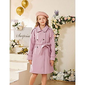 GRACE KARIN Kid Dress Coat Lapel Long Winter Pink Coats for Girls Size 8-10 Pockets Belt
