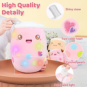 AIXINI Light up Boba Stuffed Plush Bubble Tea Pillow with LED Colorful Pearls Night Lights Glowing Super Soft-Pink,13.7''