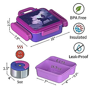 HAIXIN Bento Box for Kids - Insulated Lunch Box with Thermos for Hot Food, Leak-proof Kids Lunch Box with Cutlery and Snack Box, 4-Compartments Lunch Container for School Outdoors Office (Purple)