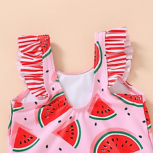 Tiny Cutey Toddler Girl Swimsuit Ruffled Stripe Sleeveless Swimwear One-Piece Baby Girl Bathing Suits (Pink-Watermelon, 12-18 Months)