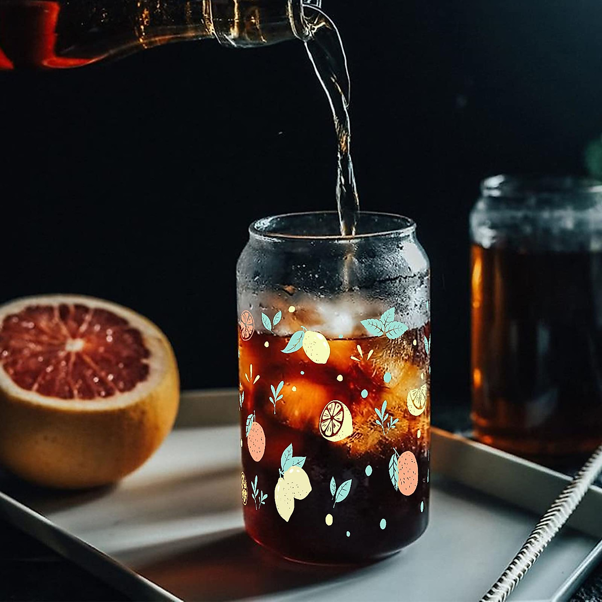 Cold Temperature Change Glass Cup - 4 Pack, 16 oz Can Shaped Glass Cups, Drinking Glasses, Beer Mug, Iced Coffee Mug, Cola Mug, Water Mug, Soda Mug, with Glass Straw and Two Cleaning Brushes