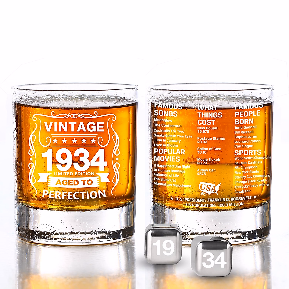 Old Fashioned Glasses-1934-Vintage 1934 Old Time Information 10.25oz Whiskey Rocks Glass -90th Birthday Aged to Perfection - 90 Years Old Gifts Bourbon Scotch Lowball Old Fashioned-1PCS