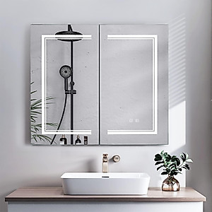 Karl home 2-Doors 32"x28" LED Medicine Cabinet for Bathroom, 3-Color Wall Mounted Dimmable Bathroom Cabinet with 3-Tiers Storage Shelves, Anti-Fog, USB Charge, White