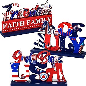 Frienda 3 Pcs 4th of July Table Decoration Patriotic Centerpiece Fourth of July Wooden Sign Independence Day Table Sign American Flag for Freedom Faith Table Decoration for Memorial Day Home Decor