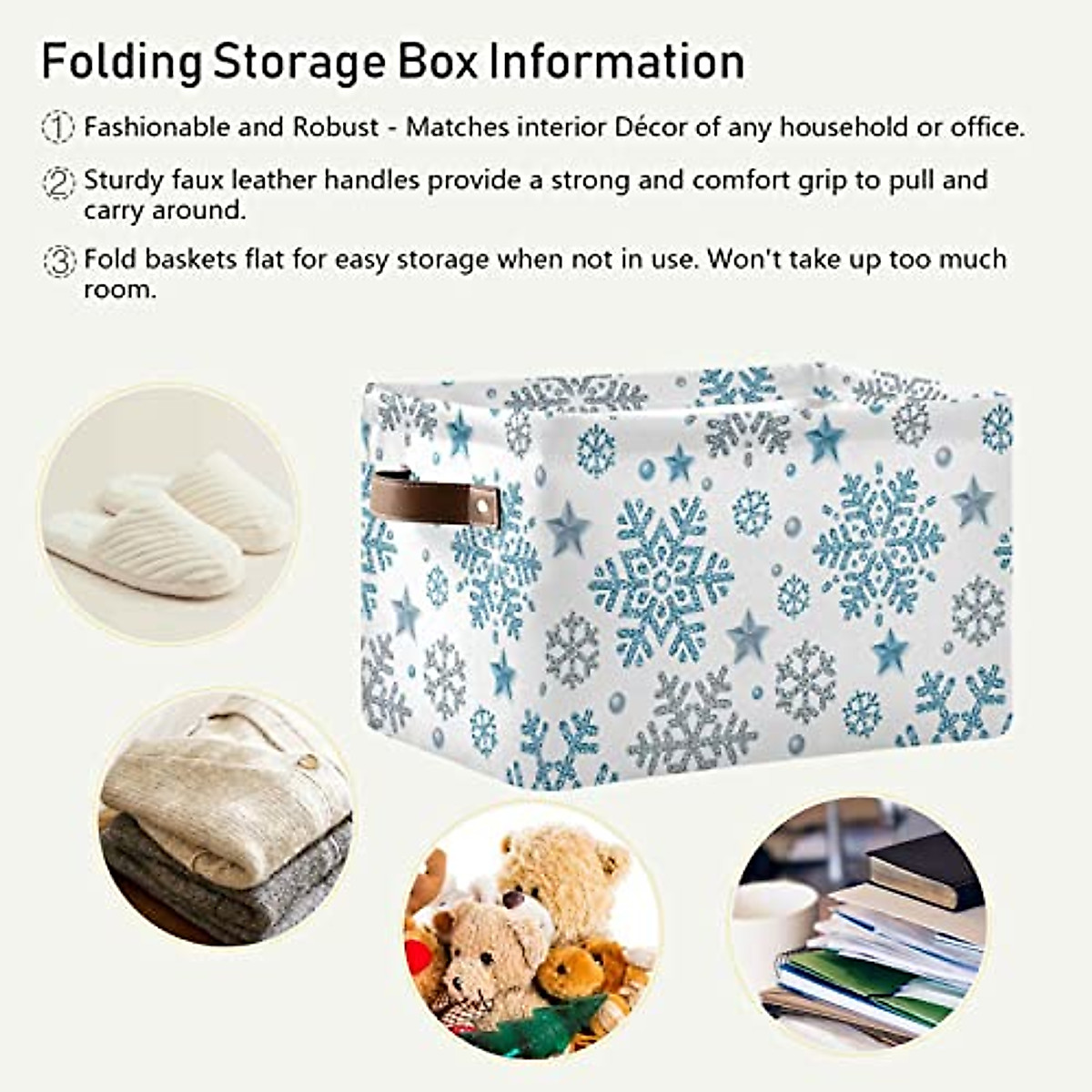 Christmas Snowflake Storage Basket,Blue White Snowflakes Large Storage Bin Fabric Collapsible Organizer Bag with Handles 15x11x9.5 inch