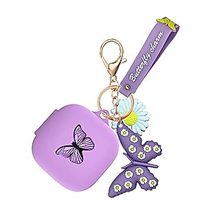 Case for Beats Fit Pro with Wristlet Keychain, Cute Cartoon Butterfly Charm Soft Silicone Charging Case with Wrist Strap Anti-Lost Cover for Beats Fit Pro X 2021/2022, Gift for Women Girl (Purple)