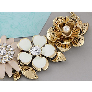 Alilang Womens Flower Rhinestones Pearl Statement Bib Golden Tone Necklace with Gray Yellow Enamel, Light Pink