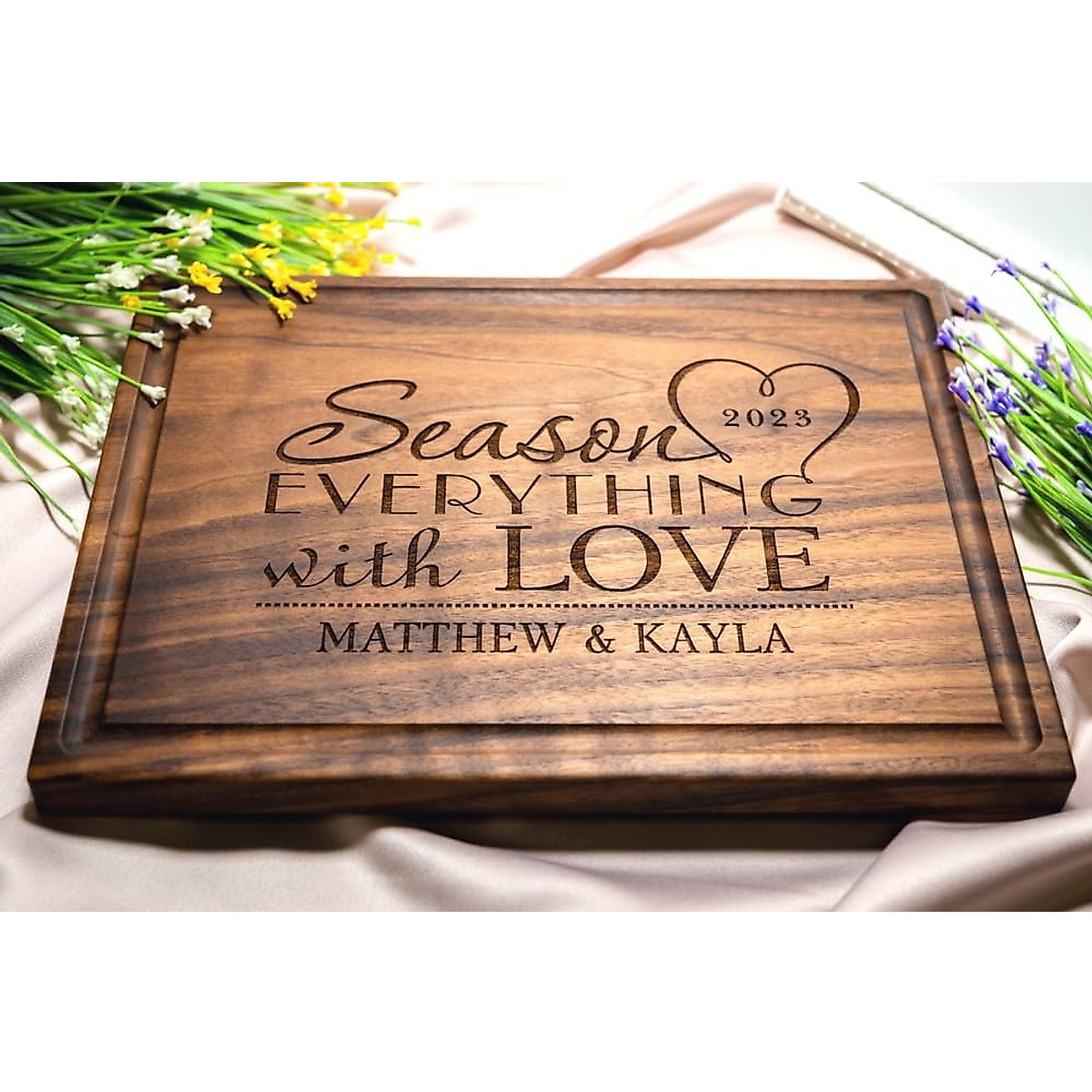 Personalized Cutting Board, Custom Wedding, Anniversary or Housewarming Gift Idea, Wood Engraved Charcuterie, for Couples or Family, Season with Love Design 032