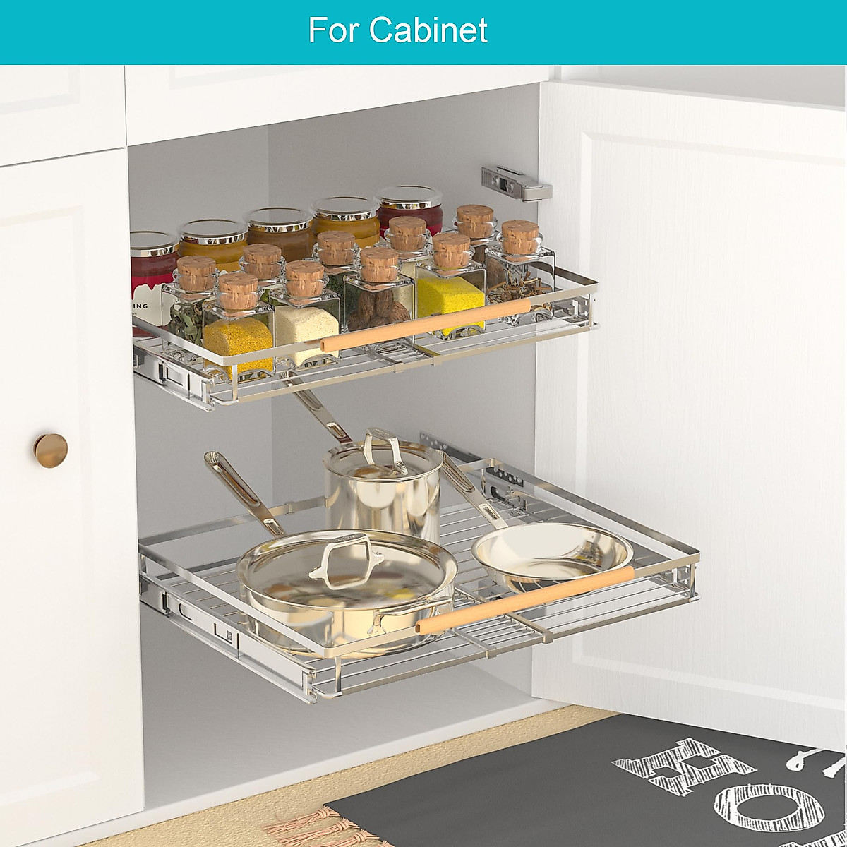 iPEGTOP Pull Out Cabinet Drawer Shelf Organizer, Extendable Sliding Slide Out Pantry Shelves Storage Heavy Duty for Kitchen Cabinets Under Sink, Adjustable Width 16.1~26.4" W x 17.3" D