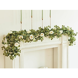 PARTY JOY 6.56ft Eucalyptus Garland with Flowers-8 White Roses, Artificial Fake Flowers Greenery Garland Floral Vines for Decoration Party Wedding Table Indoor Outdoor Backdrop Wall Decor(White)