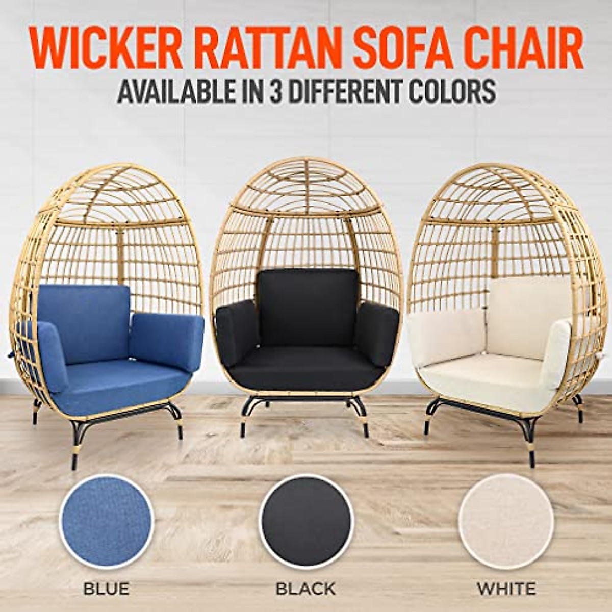Wicker Rattan Egg Chair, Indoor Outdoor Black Sofa Chair for Patio Backyard and Living Room with 4 Cushions and Powder Coated Steel Frame, Woven Texture Contemporary Ribbed Back Design