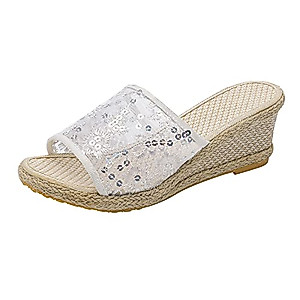 Women Slippers Platform Wedge Slippers Versatile Sequin Mesh Breathable Wedge Fuzzy Bunny Slippers Women