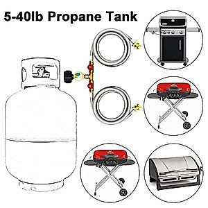 Upgraded 5FT Propane 2 Way Splitter Adapter Hose Stainless Braided Propane Y Splitter Hose 1 lb to 20 lb Converter with Shut Off Valve with Gauge Propane Hose Adapter 1lb Appliance to QCC1 5-40lb Tank
