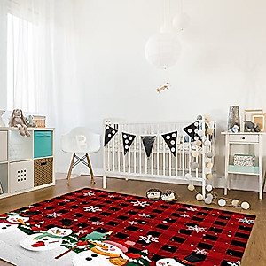 Christmas Rugs Machine Washable Area Rug, Rugs for Living Room, Rugs for Bedroom, Bathroom Rug Kitchen Rug Home Decor Carpet Runner Rug 5'x7', Snowman Snowflake with Red Black Plaid