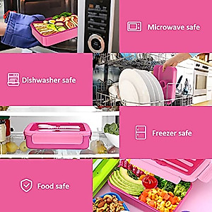 Bento Lunch Box for Kids, 4 Compartment Lunch Boxes Kids, Cutlery Storage Built-in Utensil Set, Leak-proof, Thicken, Microwave/Dishwasher/Freezer Safe, BPA-Free, Pink
