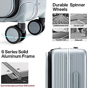 Hanke 20 Inch Carry On Luggage with Front Pocket Aluminum Frame （Can Not Open in The Middle） Hard Shell Suitcases with Wheels Rolling Luggage Suitcase with Lock Travel Luggage for Weekender- Grey
