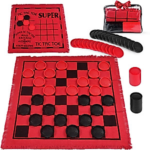 Giant Checkers Board Games, 3 in 1 Tic Tac Toe Board Game with 24 Checker Pieces Reversible Rug - Indoor and Outdoor Games for Family & Party -Gift Ideas for Teen Boys, Kids, Adults