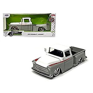 1955 Chevy Stepside Pickup Truck Matt Gray and White with Flames Just Trucks Series 1/24 Diecast Model Car by Jada 34297