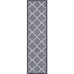 Well Woven Kings Court Brooklyn Trellis Grey - Non-Slip Rubber Backed Moroccan 2x7 Runner Rug - Hallway, Entryway & Kitchen - Kid & Pet Friendly, Easy-to-Clean, Machine-Washable, Low Looped Pile