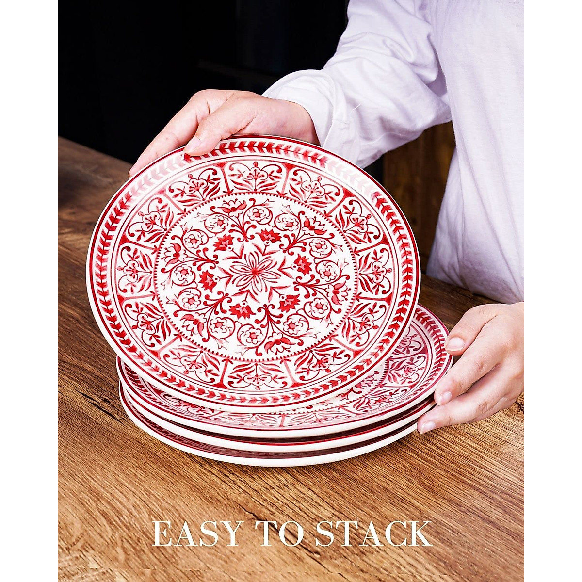 Sonemone Red Salad Plates 8.75 Inch, Set of 4, for Salad, Appetizer, Christmas, Microwave & Dishwasher Safe