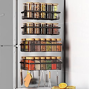 EAZOO 4 Pack Magnetic Spice Rack for Refrigerator - Strong Fridge Organizer with Hook to Save Kitchen Space - Magnet for Microwave, Dishwasher and Metal Shelves - Black