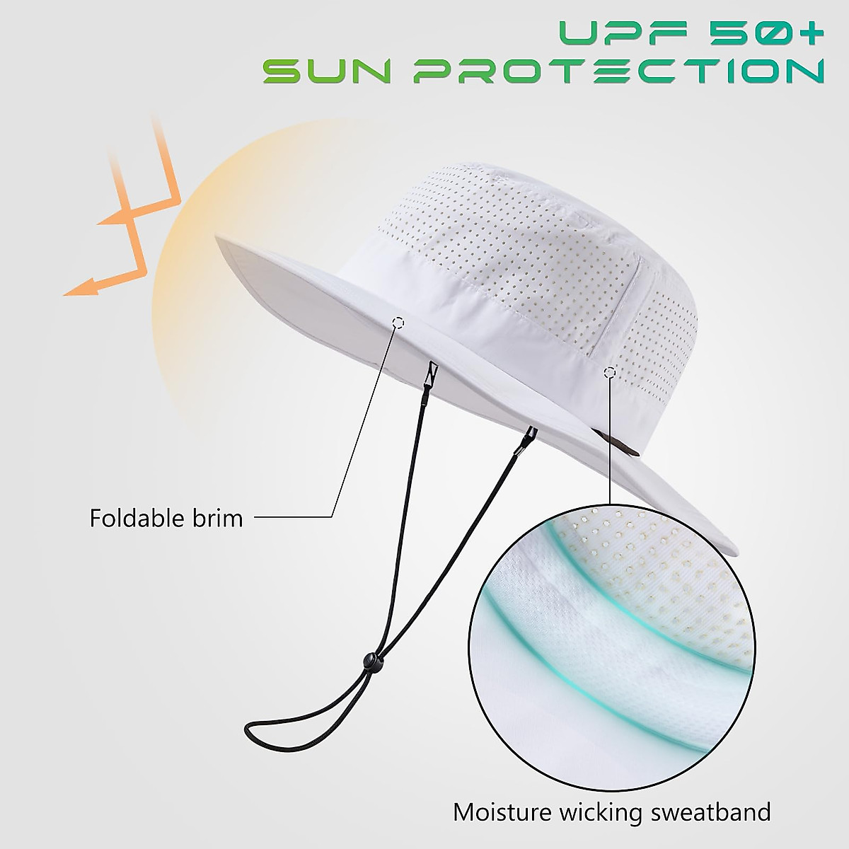 UVSAI UPF 50+ Bucket Sun Hat with Laser Perforated Mesh Cooling Adjustable Breathable Lightweight for Outdoor Men Women White