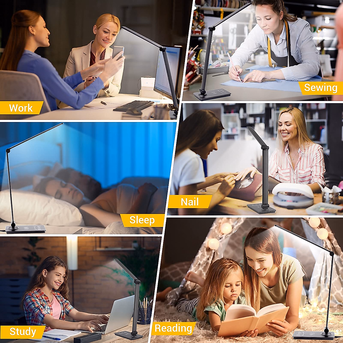 LED Desk Lamp for Home Office, 3 Levels Dimmable Desk Light with USB Charging Port, Small Study Lamp, Reading Light for Table, Black, 5000K