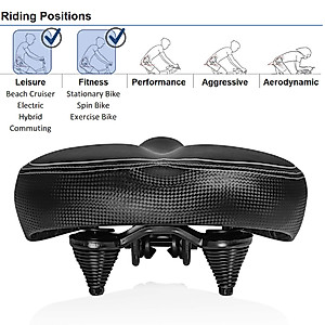 Oversized Comfortable Bike Seat – Comfort Cushion Replacement Bicycle Saddle – Universal Fit for Outdoor Bike and Beach Cruiser Bikes - Indoor Spin and Stationary Bikes – Wide Soft Padded Bike Saddle