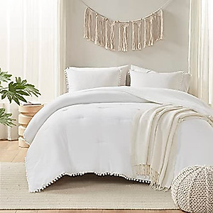 Codi White Boho Queen Comforter Set, Aesthetic Luxurious Pom Fringe Design Bedding Full, Cute Soft Washed Microfiber Bed Sets, Lightweight Chic 3pcs,1 Comforter & 2 Pillowcases (90x90 Inches)
