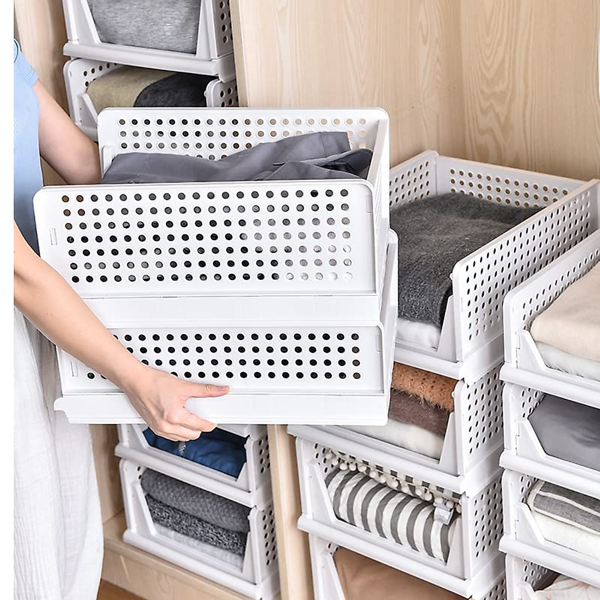 jocabo Folding Wardrobe Storage Box 4-Pack Plastic Drawer Organizer Stackable Shelf Baskets Cloth Closet Containers Bin Cubes,Home Office Bedroom Laundry Fold Pull Out Dividers for Clothes,Toys White