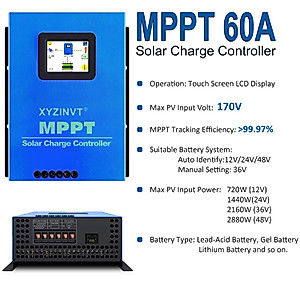 XYZ INVT MPPT Solar Charge Controller 60A Max 170V Input Volt PV Solar Panel Controller Touch Screen LCD Display 12V/24V/48V Auto Identify 36V Manual Setting (MPPT-60A)