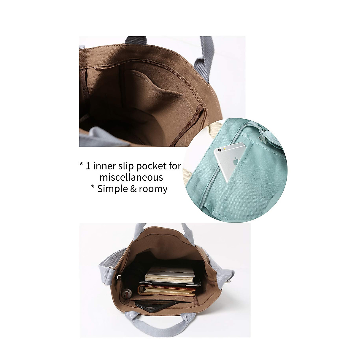 Jeelow Canvas Market Tote HandBag Crossbody Shoulder Bag Purse For Men & Women With Zipper (Brown Tote)