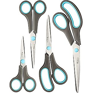 Teskyer Scissors Set of 4 Pack, 4 Sizes All-Purpose Stainless Steel Scissors with Comfort Soft Grip for Craft, School, Office and Family Daily Use, 9.6"/8.4"/6.3"/5.5", Blue & Grey