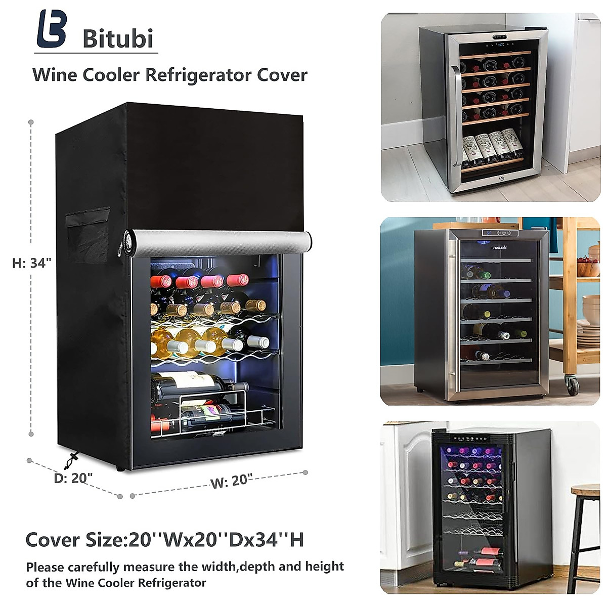 Bitubi Wine Cooler Refrigerator Cover,Outdoor Fridge Cover – Waterproof, Dustproof, Sun-Proof, 20" W x 20" D x 33" H. Suitable for most 32-36 Bottle Beer or Wine Mini Fridge (Black)