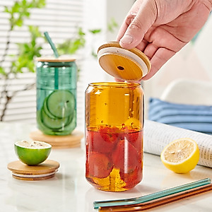 YOOLANSA [ 6 PCS Colored Drinking Glass with Bamboo Lid and Straw Set,16oz Can Glass with Lid and Straw, Soda Can Glass,Iced Coffee Glass,Milk Glass(3 Amber + 3 Green)