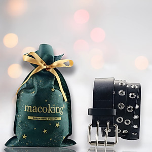 macoking Womens Belts for Jeans, Studded Double Grommets Leather Black Belt Women Men-M