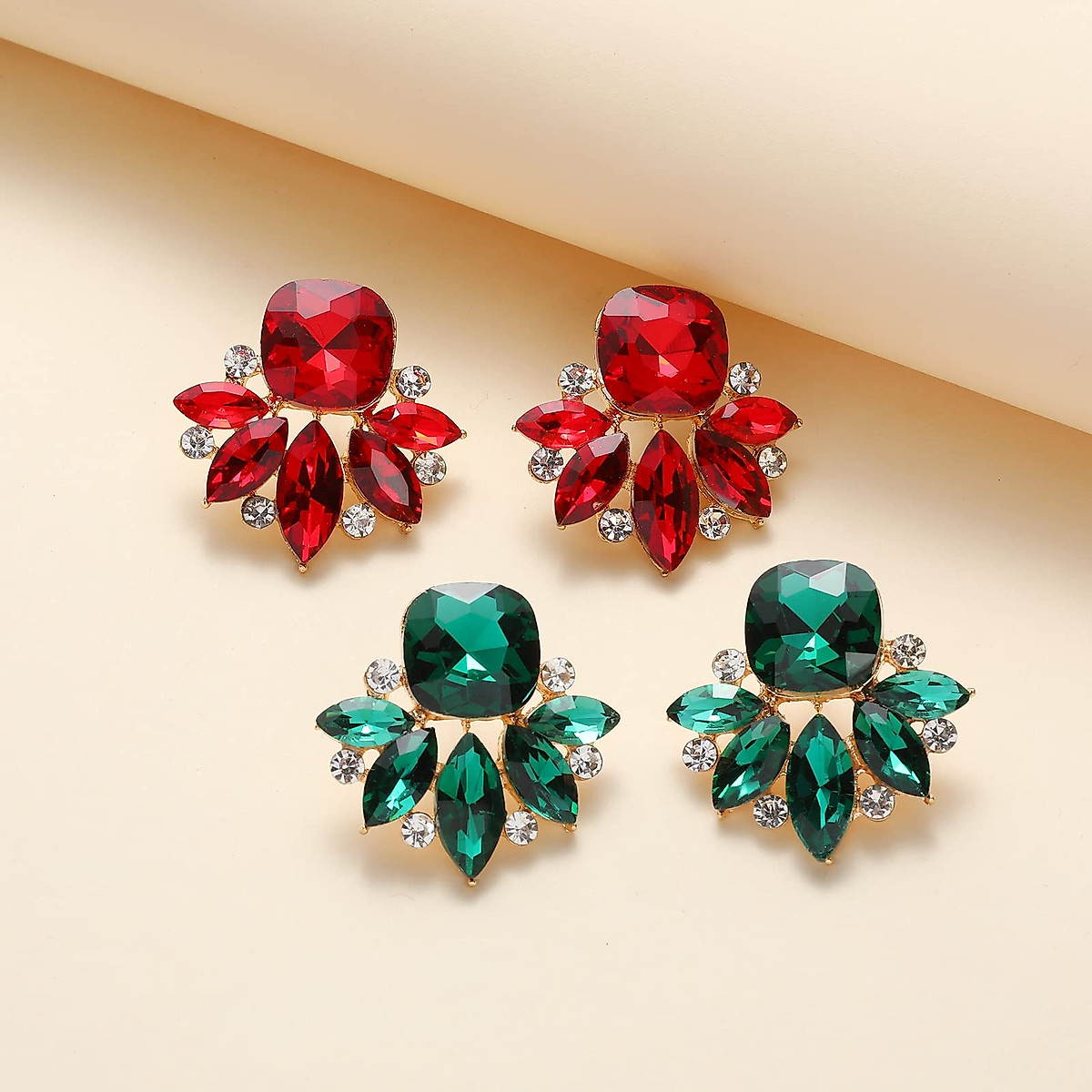 Emerald Green Rhinestone Statement Earrings Crystal Drop Dangle Cluster Earrings for Women Formal Prom Party