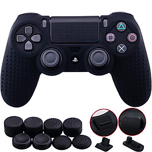 9CDeer 1 Piece of Silicone Studded Dots Protective Sleeve Case Cover Skin + 8 Thumb Grips Analog Caps + 2 dust Proof Plugs for PS4/Slim/Pro Controller, Black
