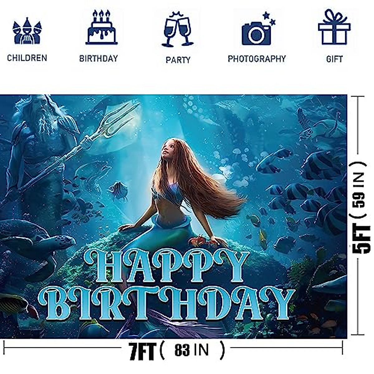 2023 Little Mermaid Party Supplies,Backdrop Photo Prop 7 x 5 FT Birthday Banner for Party Decor Black Little Mermaid Ariel Backgrounds Props