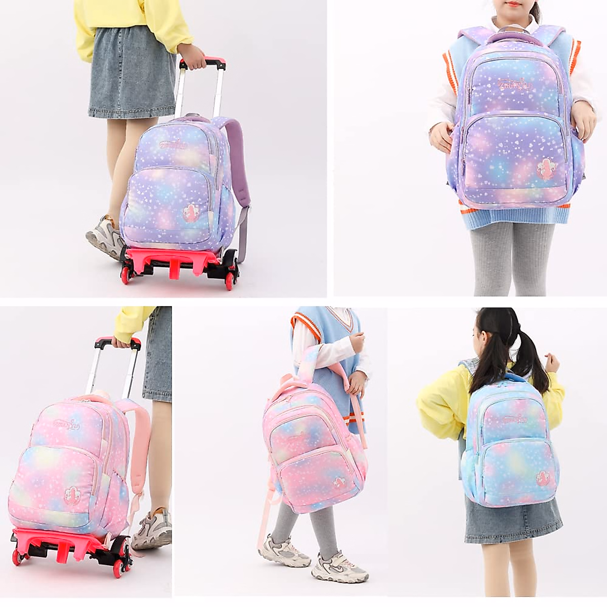 LANSHIYA Dream Princess Wind Rolling Backpack for Girls Wheeled Travel Bag Trolley School Bag Pink Six Wheels