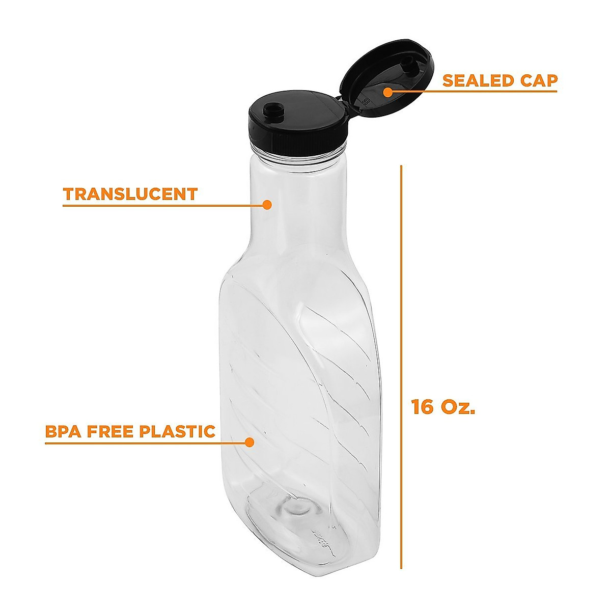 16 OZ BBQ/DRESSING CLEAR PLASTIC SAUCE BOTTLE WITH BLACK FLIP-TOP CAPS AND PRESSURE SENSITIVE LINER (Black caps, 6)