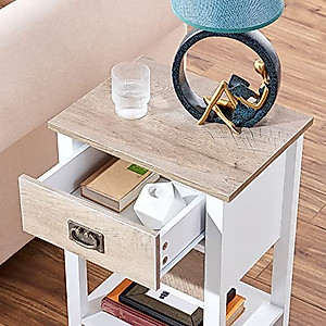 VECELO Nightstands Set of 2 End/Side Tables for Living Room Bedroom Bedside, Vintage Accent Furniture Small Space, Solid Wood Legs, Two Drawers, White & Oak