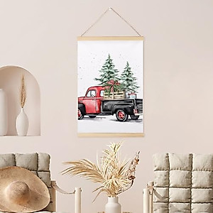 Magnetic Poster Hanger Frame, Red Truck Light Wooden Magnet Frame Hanger for Posters, Prints, Photos, Pictures, Maps, Scrolls, And Canvas Artwork, Christmas Decoration Wall Hanging Kit
