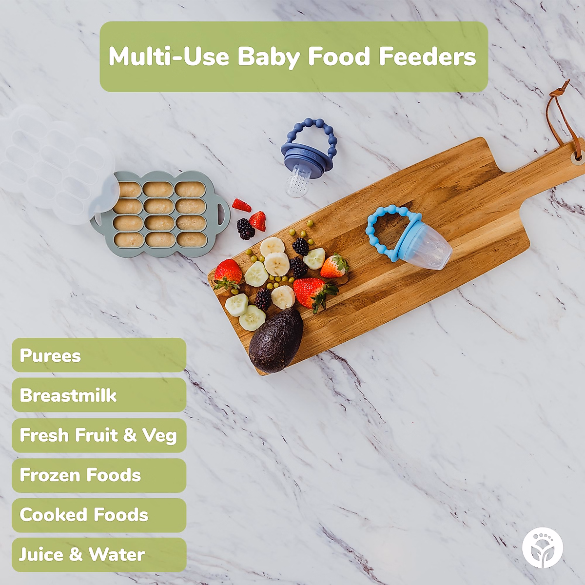 WeeSprout Silicone Baby Food Feeders + Freezer Tray for Batch Prep, Set of 2, Introduce New Foods Safely, Double as Teething Toys, Includes 2 Extra Pouches & Travel Lids, Dishwasher Safe